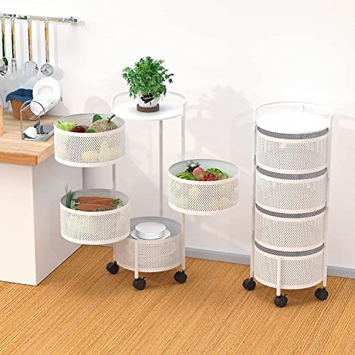 Rotating Storage Shelves Rack for Kitchen, 4-Tier Multi Layer Removable Basket Shelf Organizer on Rolling Wheels for Fruit Vegetable Grocery Corns Potato Onion (4-Tier , White)