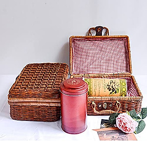 Flat Woven Wicker Storage Bins with Lid Natural Seagrass Basket Boxes Multipurpose Home Organizer Bins Boxes for Rattan Shelf Organizer for Living Room Decoration (22cmx16cmx11cm)