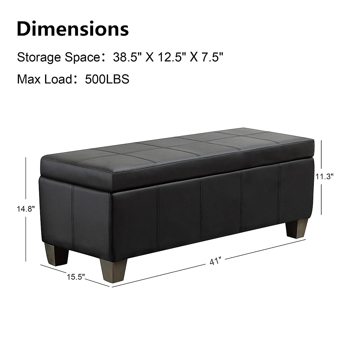 UDAX Black Faux Leather Ottoman with Storage, Rectangular Extra Long Storage Bench for Bedroom and Living Room