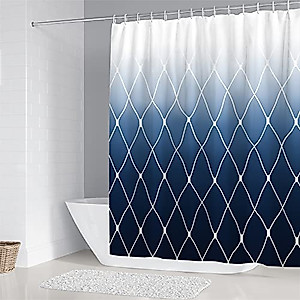 LQCOOL 4Pcs Navy Blue Shower Curtain Set White Blue Gradient Bathroom Shower Curtain Set with Rugs Water Repellent White Bathroom Decor Waterproof Fabric Shower Curtain Set with Rugs