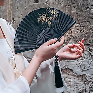 Small Black Folding Fans, Chinese Bamboo Leaf Pattern Hand Fan Folded Purse Hand Fan with Fabric Sleeve and Tassel, for Women