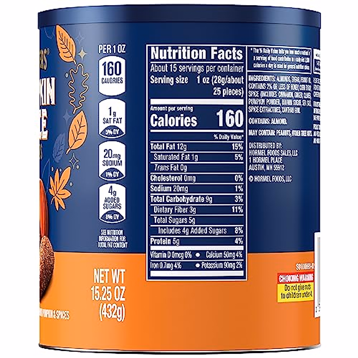 PLANTERS Fall Edition Pumpkin Spice Almonds, Pumpkin Spice Snacks, Cooking & Baking Nuts & Seeds, Flavored Almonds, Seasonal Nuts, Fall Party Snacks, Plant-Based Protein, 15.25 oz Canister