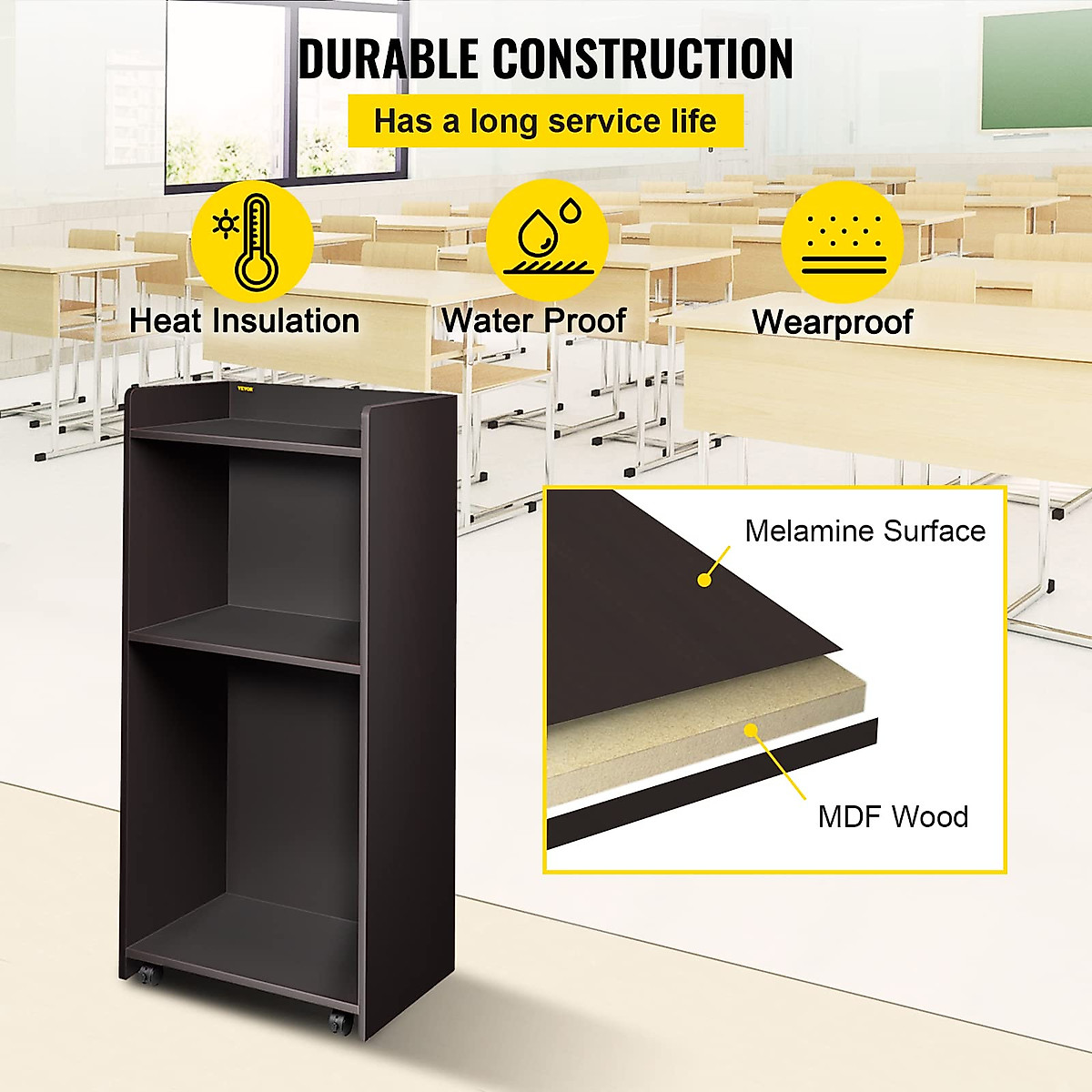 VEVOR Wood Podium, 23.6" x 47.2", Lecterns and Podiums w/ 4 Rolling Wheels, Flat Surface, Baffle Plate & Shelf, Easy Assembly Ebony Lecterns for Church, Office, School, Home Black