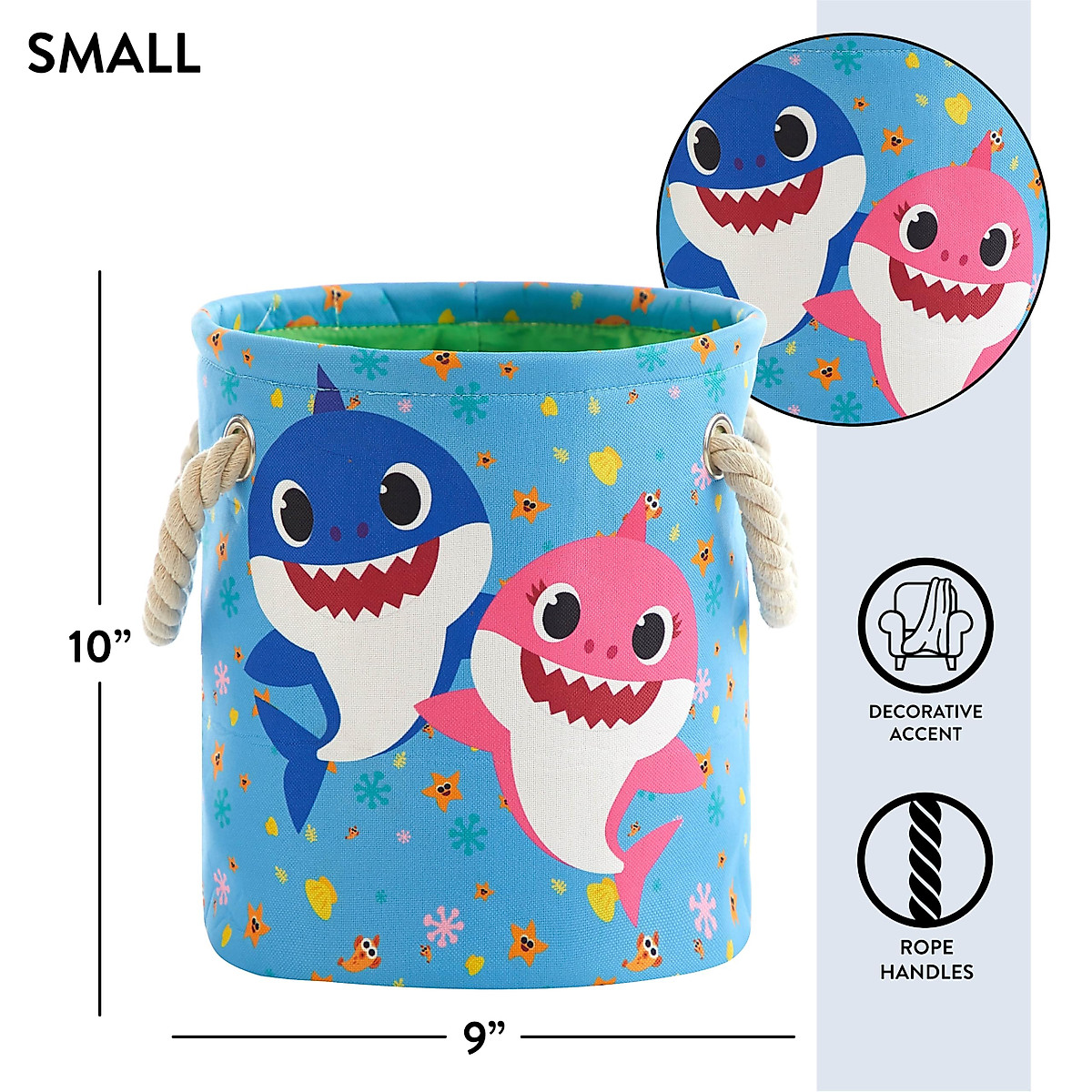 Idea Nuova Baby Shark 3 Piece Multi Size Fabric Nestable Toy Storage Basket Set, with Rope Carry Handles