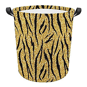 Golden Tiger Skin Foldable Laundry Basket Waterproof Hamper Storage Bin Bag with Handle 16.5"x 16.5"x 17"