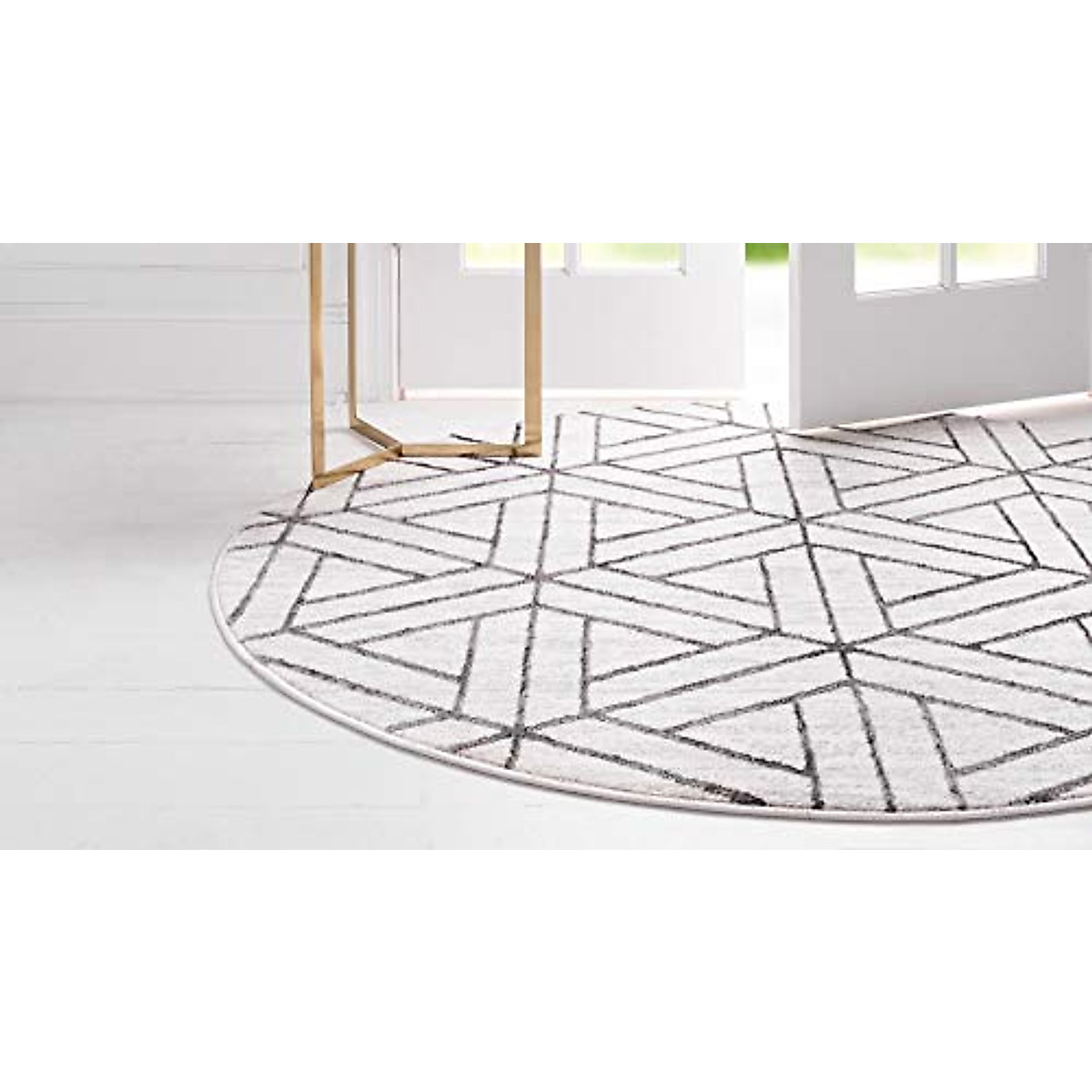 Rugs.com Lattice Trellis Collection Rug – 5 Ft Round White Low-Pile Rug Perfect for Kitchens, Dining Rooms