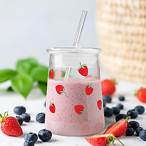Joeyan Glass Tumbler with Lid and Straw,Iced Coffee Cups with Red Strawberries Pattern,Clear Cute Drinking Jars,Water Juice Beverages Soda Glasses,20 oz