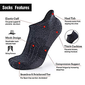 Busy Socks Hiking Socks Merino Wool for Men Women, No Show Merino Wool Dress Performance Support Athletic Cushion Tab Socks, Dark Grey, Large, 6 Pairs