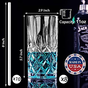 Claplante Crystal Highball Glasses, Set of 8 Glass Drinking Glasses, 11 oz Durable Drinkware Cups for Cocktails, Water, Juice, Beer, Wine-Special Edition Glassware Set, Dishware, Dishwasher Safe