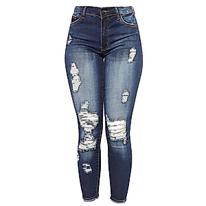 Andongnywell Women's Stretchy Ripped Hole Skinny Jeans Butt Lifting Distressed Denim Pants with Pockets Trousers Blue
