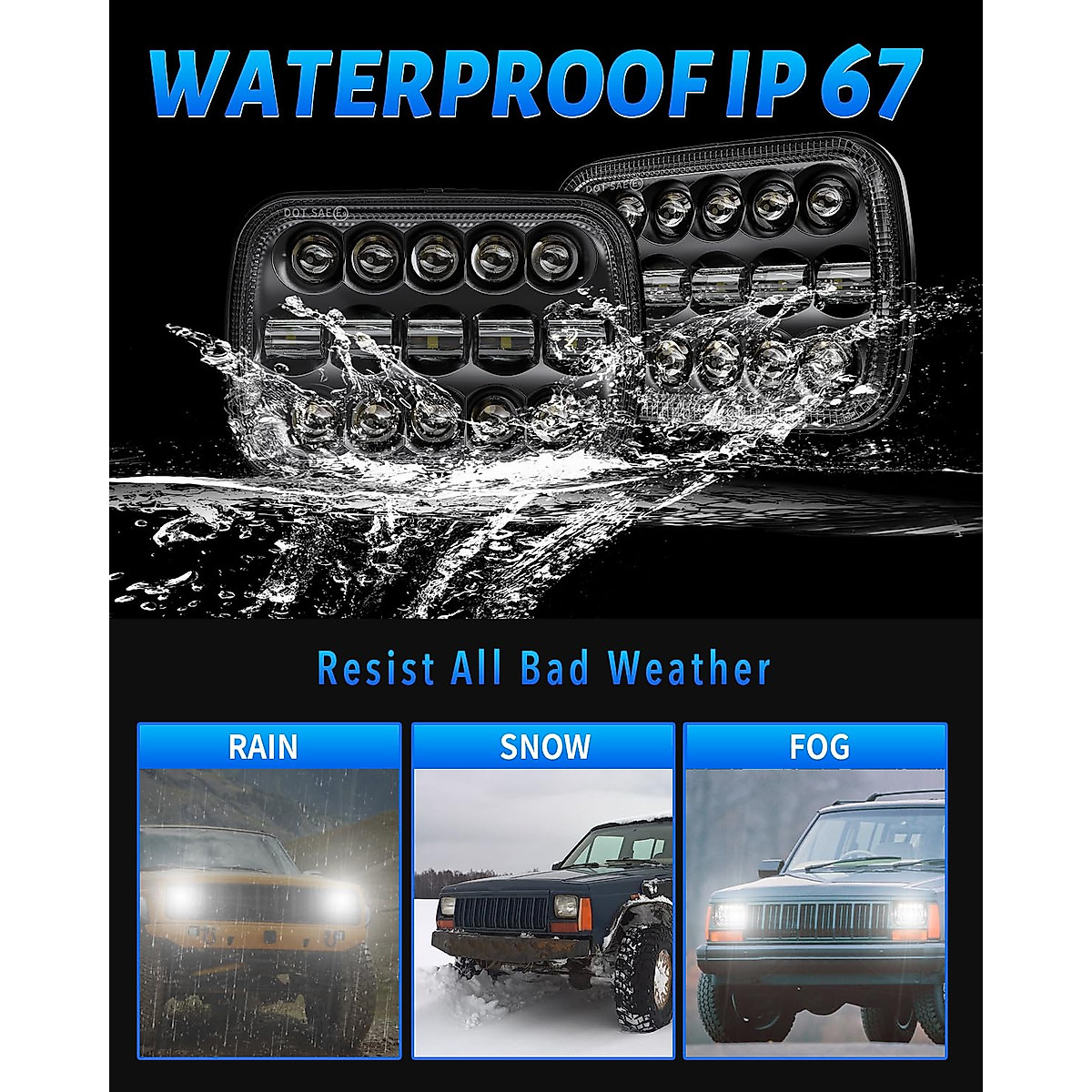BICYACO DOT 110W 5x7 7x6 Inch Led Headlights Hi/Low Led Sealed Beam Headlamp Compatible with Jeep Wrangler YJ Cherokee XJ Kenworth T300 1997-2010 H4 Plug H6054 H5054 6054 6052 (Black)