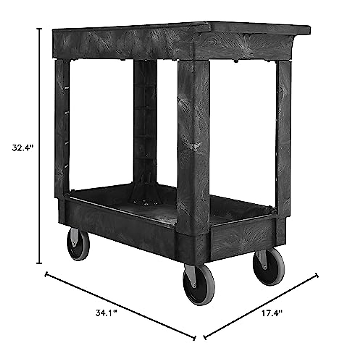 Rubbermaid Commercial Products 2-Shelf Service/Utility Cart with Wheels, 300-Pound Capacity, Black, Lipped Shelves with Handle, Use in School/Restaurant/Warehouse/Manufacturing