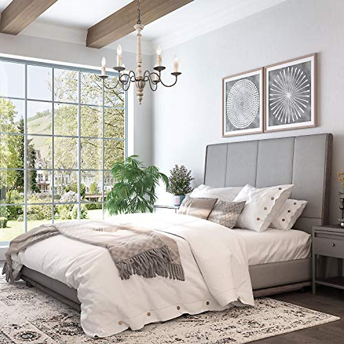 LALUZ French Country Chandelier Farmhouse Handmade Wood 6 Lights for Dining, Bedroom, Living Room, Distressed