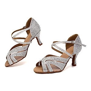 AOQUNFS Women Ballroom Dance Shoes Latin Salsa Practice Performance Shoes,1025,Silver-6, US 9.5