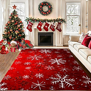ZLXMN Red Christmas Area Rug,5x6ft,Christmas Room Decor Red with White Snowflakes Rug, Xmas Winter Home Decor Rubber Backed Rugs for Entryway Indoor Living Room Bedroom Easy Clean Carpet