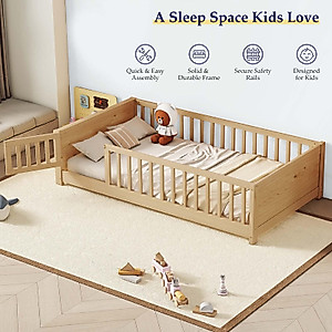 Tatub Twin Floor Bed with Slats, Montessori Bed with Rails, Kids Floor Bed with Built-in Book Storage Rack, Solid Wood Montessori Bed Frame with Door, Nature