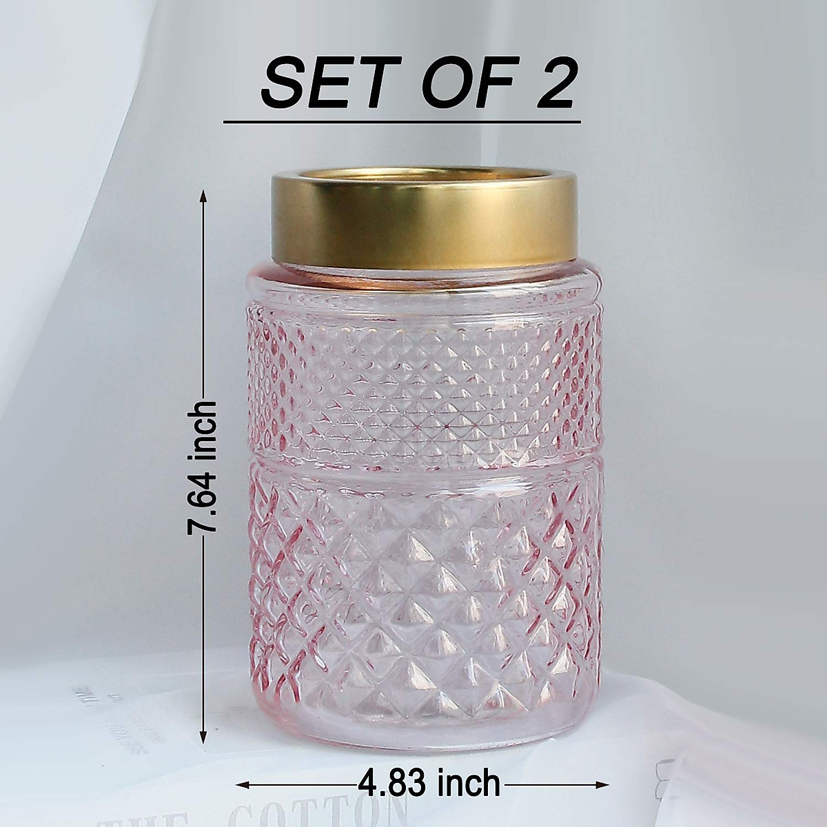 2-Pack Flower Vase Glass, Pink Fluted Vase with Golden Metal Top, Stylish Decorative for Tabletop Centerpiece, Kitchen, Living Room, Bedroom, Bathroom, Office(Blush Pink-Set of 2)