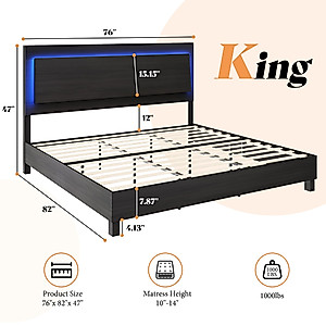 AMERLIFE Wood King Bed Frame with 47" Headboard, Rustic Platform Bed with LED Lights, Mattress Foundation with Wooden Slats Support, No Box Spring Needed/Noise Free, Black