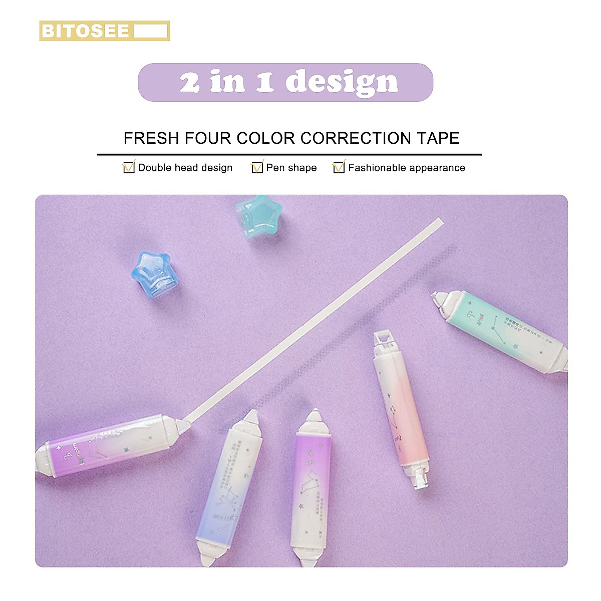 BITOSEE 2 in 1 Whiteout Correction Tape and Double Sided Tape Roller, Cute Quick Dry Japan Whiteout Tape, with Permanent Adhesive Tape Runner,for School Office Instant Correction & Scrapbook Supplies