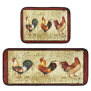Vintage Rooster Kitchen Mat Set Anti Fatigue Cushioned Kitchen Rugs 2 Pieces Non Slip Washable Carpet Floor Runner for Kitchen Inside Door Bathroom 19.7" x 27.6"+19.7" x 47.2"