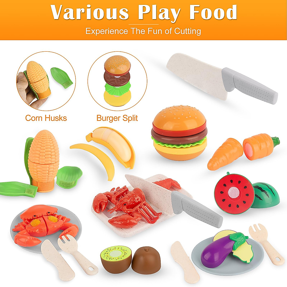 TUEHUTDE 50PCS Play Kitchen Accessories, Kids Kitchen Toy Toddler Cooking Playset with Play Pots and Pans, Kettle, Cups, Utensils Cookware Toys, Play Food, Toy Vegetables Fruit Gift for Girls Boys