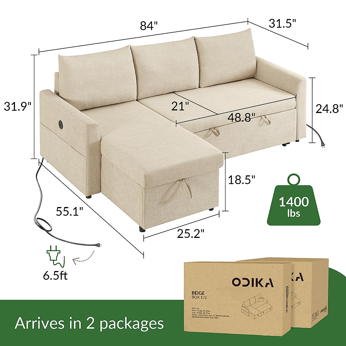 ODIKA L Shaped Convertible Sleeper Sofa Bed, 84" Sectional Couch for Living Room - Dual USB-C Charging, Pull Out Bed, Reversible Chaise with Storage & Pockets, Removable & Washable Beige Linen Covers