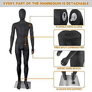 Male Mannequin Full Body Maniquine Model Stand Adjustable 73 inch Faceless Plastic Detachable Manequins Stand Metal Base Metal Connector, Black Matte