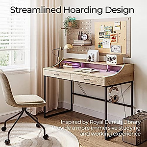LINSY HOME Computer Desk with Two Drawers and LED Light, 47-inch Writing Desk Study Table with Monitor Stand Riser for Home Office, Light Brown