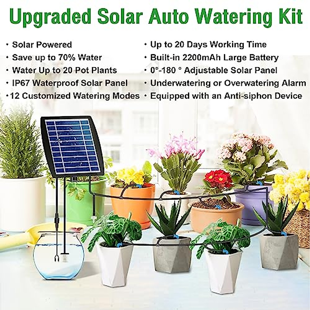 Solar Drip Irrigation Kit System with 12 Timer Modes & Anti-Siphoning Device, NVRGIUP Solar Powered Indoor Outdoor Automatic Plant Waterer Built-in 2200 mAh Battery & Enlarged Solar Panel Vacation Auto Garden Watering System for 20-30 Potted Plants in Gre