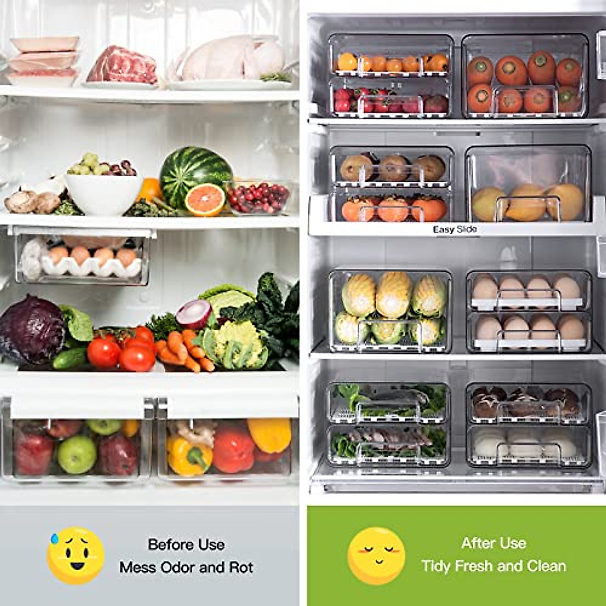 elabo Large Capacity Fruit Vegetable Storage Containers, Refrigerator Organizer Bins with Pull-out Drawer, Multifunctional Fridge Drawer Organizer, BPA-Free, Clear, with Removable Drain Tray