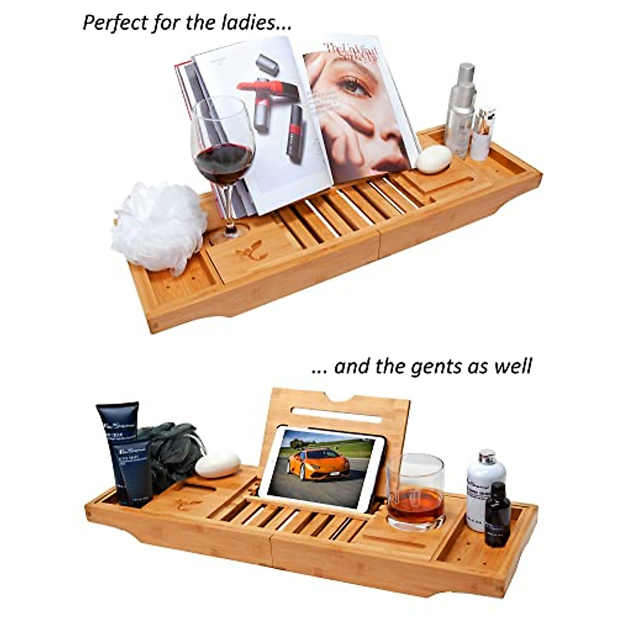 Bamboo Bathtub Tray & Bed Laptop Desk with Foldable Legs, Latest Unique Zen Design Bathtub Caddy, Top Quality Bamboo Bathtub Caddy Tray with Adjustable Legs, Wine Glass & iPad Holder by Bambooware