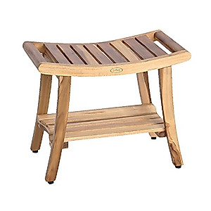 EcoDecors Harmony Teak Shower Bench Natural Wood Shower Bench with Shelf and LiftAide Arms 24" Shower Stool in Earthy Teak Finish