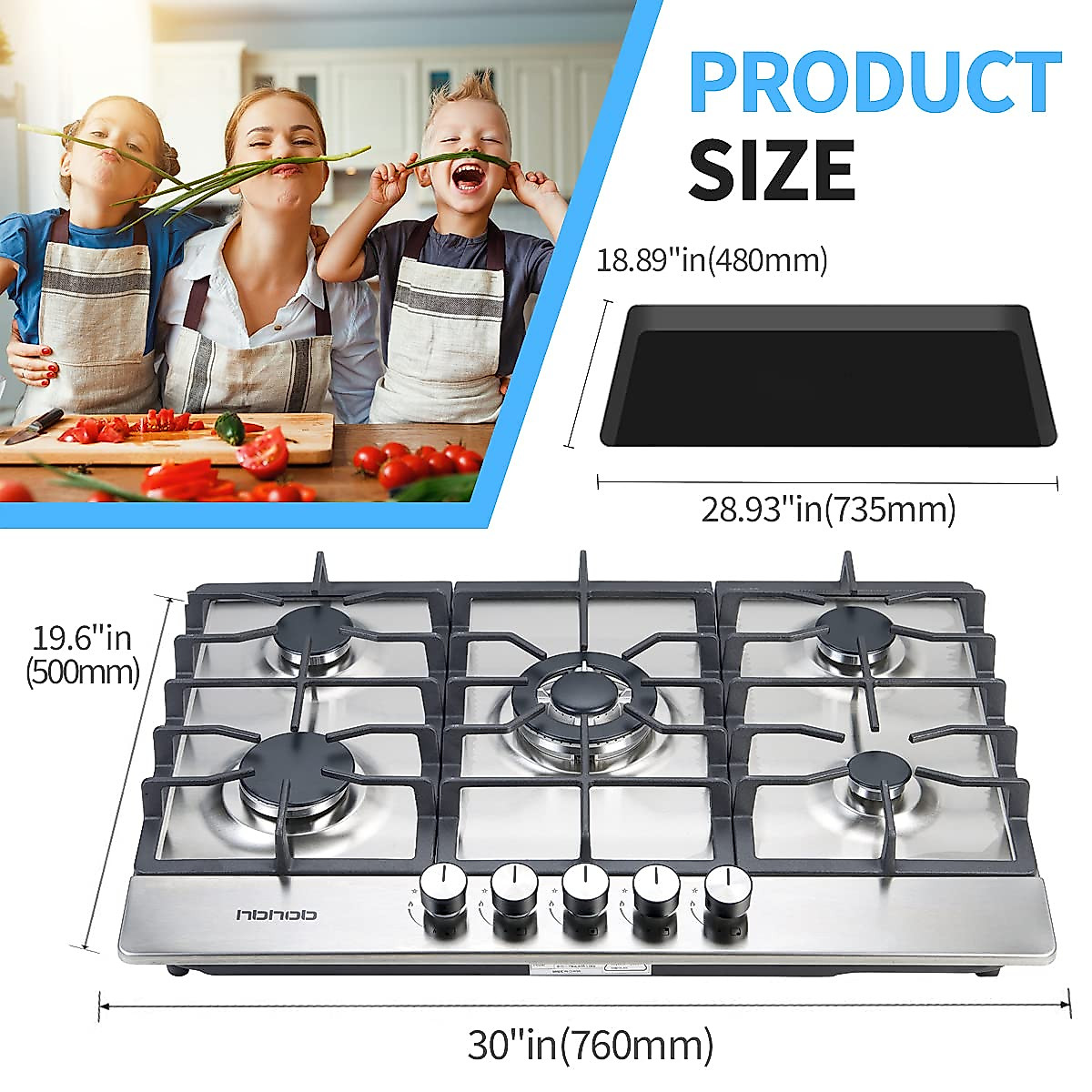 Gas Cooktop, HBHOB 30 Inches 5 Burners Gas Stove Gas Hob Stovetop Stainless 5 Sealed Burners Cast Iron Grates Built-in Gas Stove Top LPG/NG Gas Cooktop Thermocouple Protection and Easy to Clean …