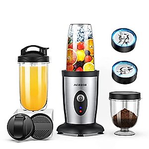 Acezoe 850W Bullet Blender for Shakes and Smoothies, 5 in 1 Personal Blenders for Kitchen, with 6 fins Blade, 2x500ml Portable Bottle, 1 Grinding Cup, for Juice, Protein, Vegatable, Easy to Clean