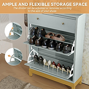 HLR Space Saving Hidden Shoe Cabinet with 2 Flip Doors 1 Drawer, Entryway Shoe Storage Cabinet, Narrow Shoe Rack Cabinet, Freestanding Hidden Shoe Rack Storage Organizer, Green with Gold Legs