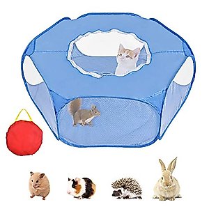 AUTOWT Small Animal Playpen, Breathable Transparent Pet Tent with Top Cover Auto-Open Indoor Outdoor Exercise Foldable Yard Fence for Kitten, Puppy, Guinea Pig, Rabbits, Hamster and Hedgehogs (Blue)