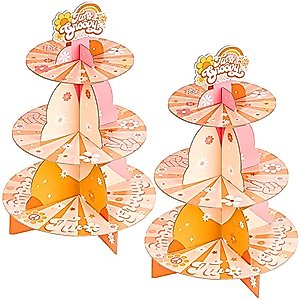 3 Tier Cupcake Stand 13.5Inch Cardboard Two Groovy Cupcake Stand Birthday Cupcake Tower Mini Dessert Stand for Girls Pink and Gold Birthday Baby Shower Party Supplies(1)