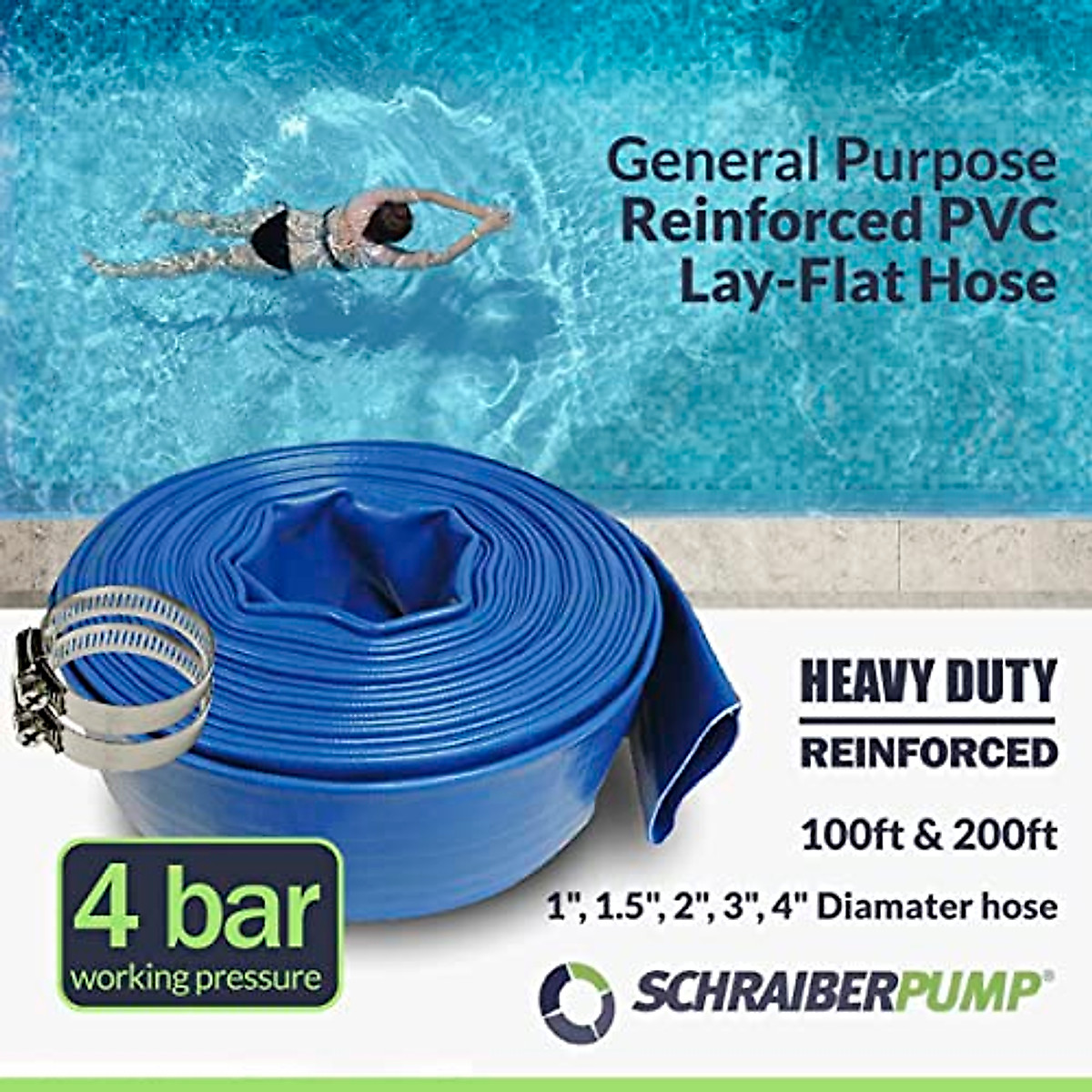 Schraiberpump 1-Inch by 100-Feet- General Purpose Reinforced PVC Lay-Flat Discharge and Backwash Hose - Heavy Duty (4 Bar) 2 CLAMPS INCLUDED