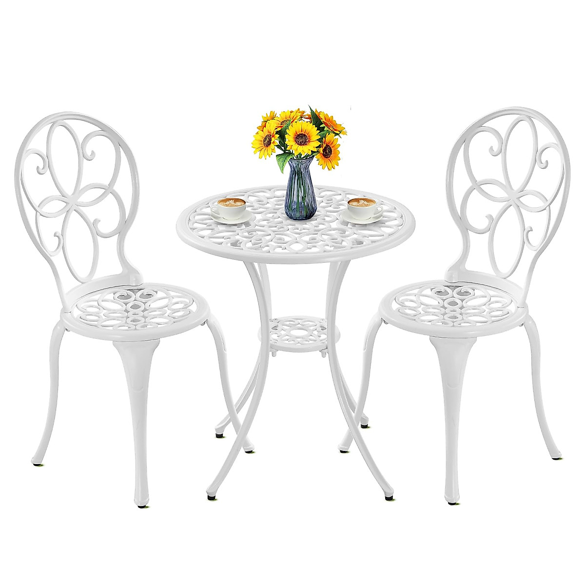 Withniture Patio Bistro Sets, Cast Aluminum Bistro Table and Chairs Set of 2 with Umbrella Hole, Bistro Set 3 Piece Outdoor, Metal Patio Furniture Set for Garden Porch, White