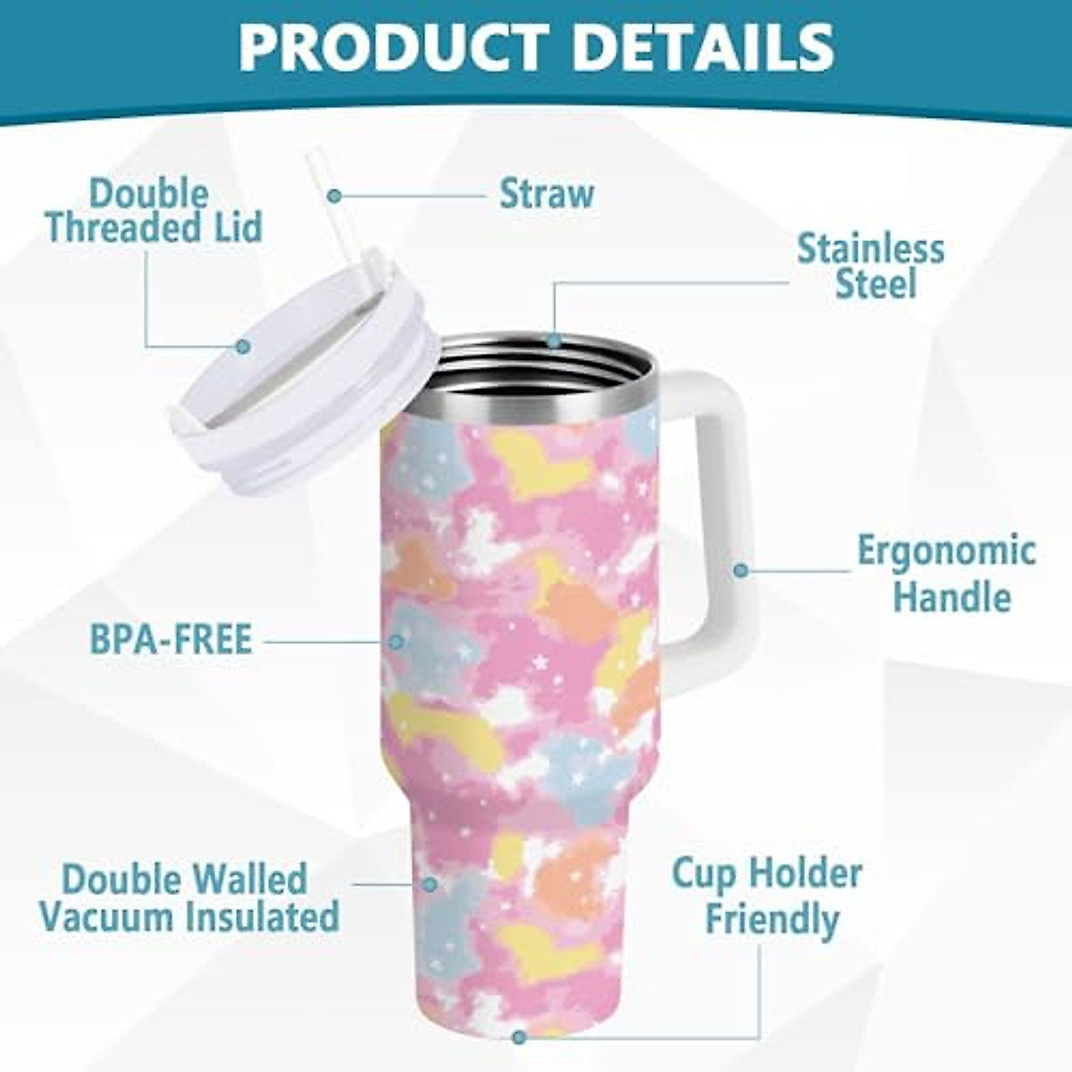 Emelivor Clouds Stars Pink 40 oz Tumbler with Lid and Straw Insulated Tumblers with Handle Travel Coffee Mug Cup Large Water Bottles Cup for Women Men Sports Gym