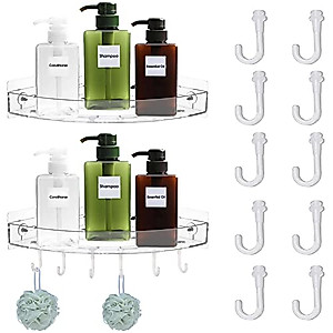 ChezMax Corner Shower Caddy, 2 Pack Adhesive Acrylic Bathroom Organizer with 10 Hooks for Shampoo Soap, Transparent Wall Mounted No Drilling Toilet Shelf, Floating Sponges Scrubbers Holder for Kitchen