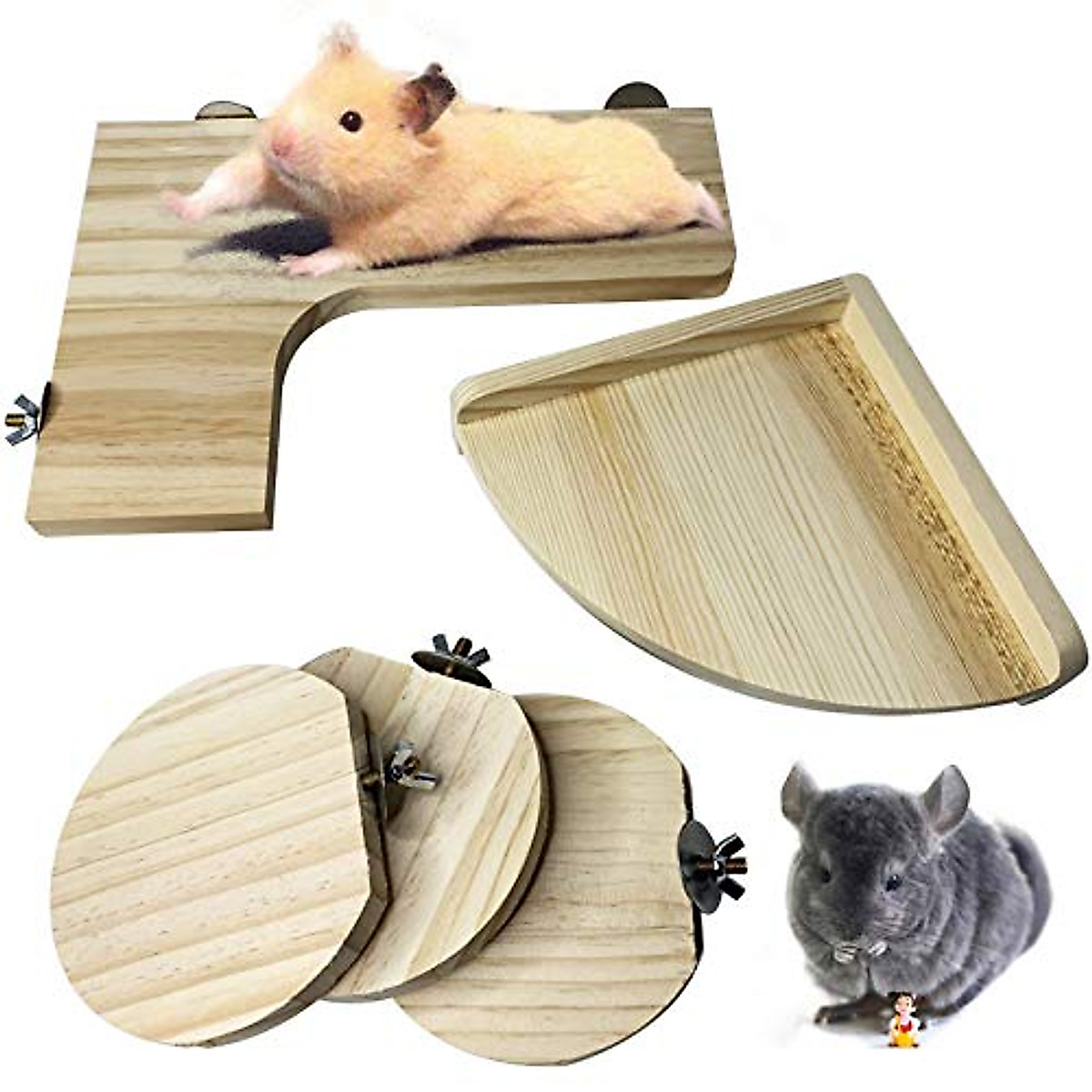 Hamiledyi 5Pcs Hamster Wooden Stand Platform Rat (L/Fan/Circular - Shaped) Activity Springboard Small Animal Natural Cage Corner Accessories for Birds, Parrot, Mouse, Gerbil to Play
