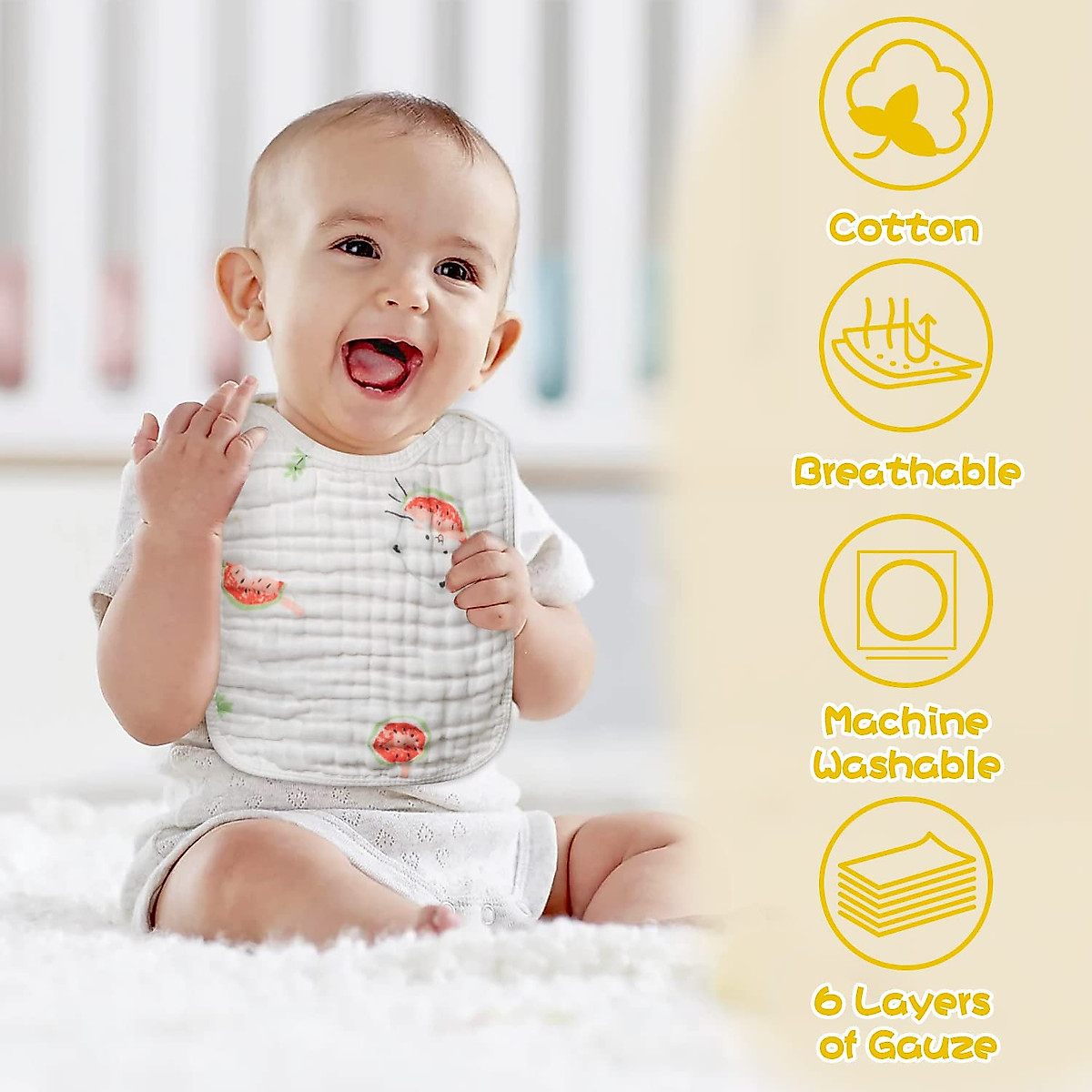 Zainpe 5Pcs Muslin Baby Bibs Banana Lemon Strawberry Pattern Cotton Lap-Shoulder Cloths Drool Bibs Machine Washable Feeding Bib with 6 Absorbent & Soft Layers for Unisex Infants Toddlers Newborns