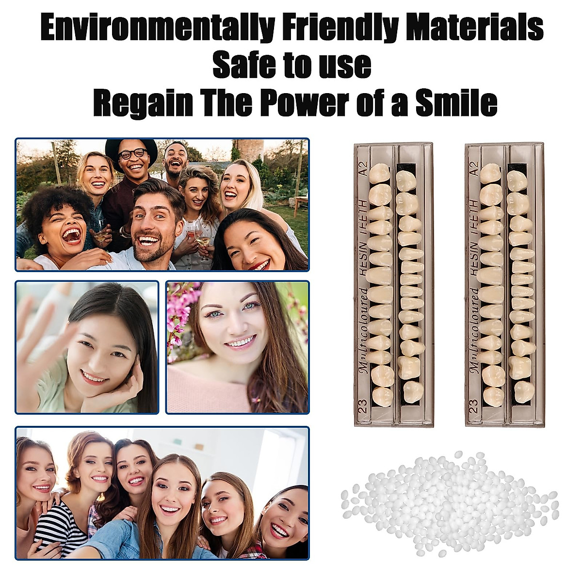 56 Pieces False Teeth Dental Complete Acrylic Resin Denture Tooth, 2 Sets Tooth Replacement kit, 23 Shade A2 Upper + Lower Dental Materials for Replacement, DIY, or Halloween