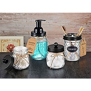 4pcs & 4pcs Black Mason Jar Bathroom Accessories Set - 2 Foaming Soap Dispenser& 2 Qtip Holder (regular mouth)&2 Cotton Swab Holder (wide mouth)&2 Toothbrush Holder-Rustic Farmhouse Decor Bathroom