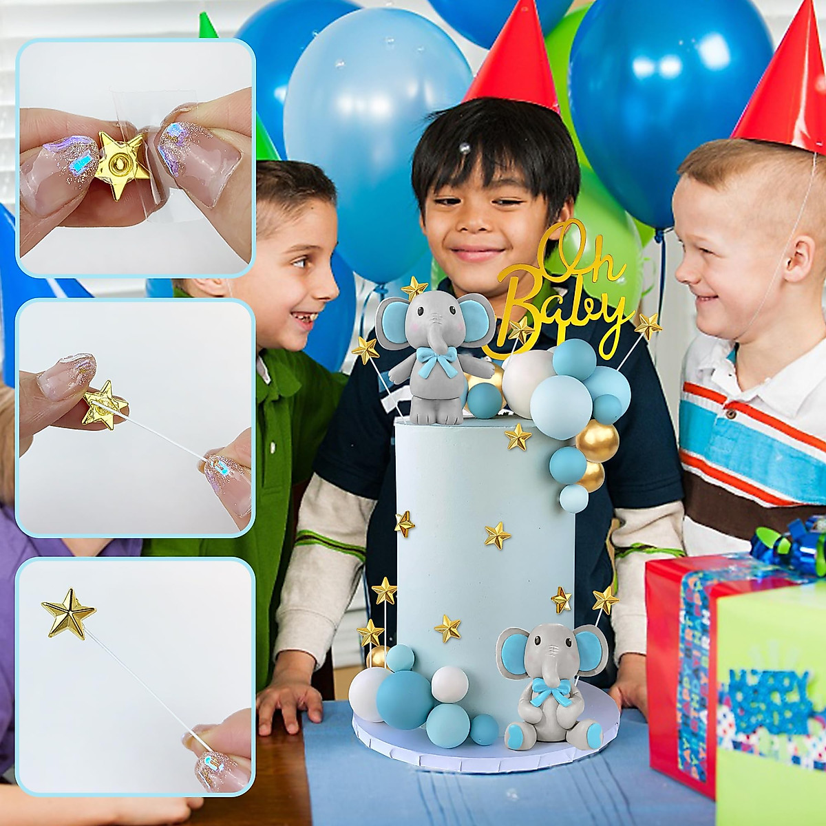 43 PCS Blue Elephant Cake Decoration Cute Baby Elephant Cake Decorations Oh Baby Cake Topper Star Cake Topper Blue Pearl Balls Cake Picks for Baby Shower Boy Elephant Theme Party Supplies