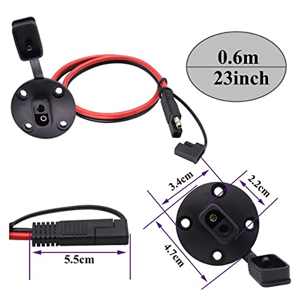 AAOTOKK (2Pack 10AWG SAE Weatherproof Cable SAE Power Socket Sidewall Port Connector Cable SAE Panel Mount Charging Cable SAE Quick Connect Jack for Solar Generator Battery Charger Cord (0.6M/SAE)