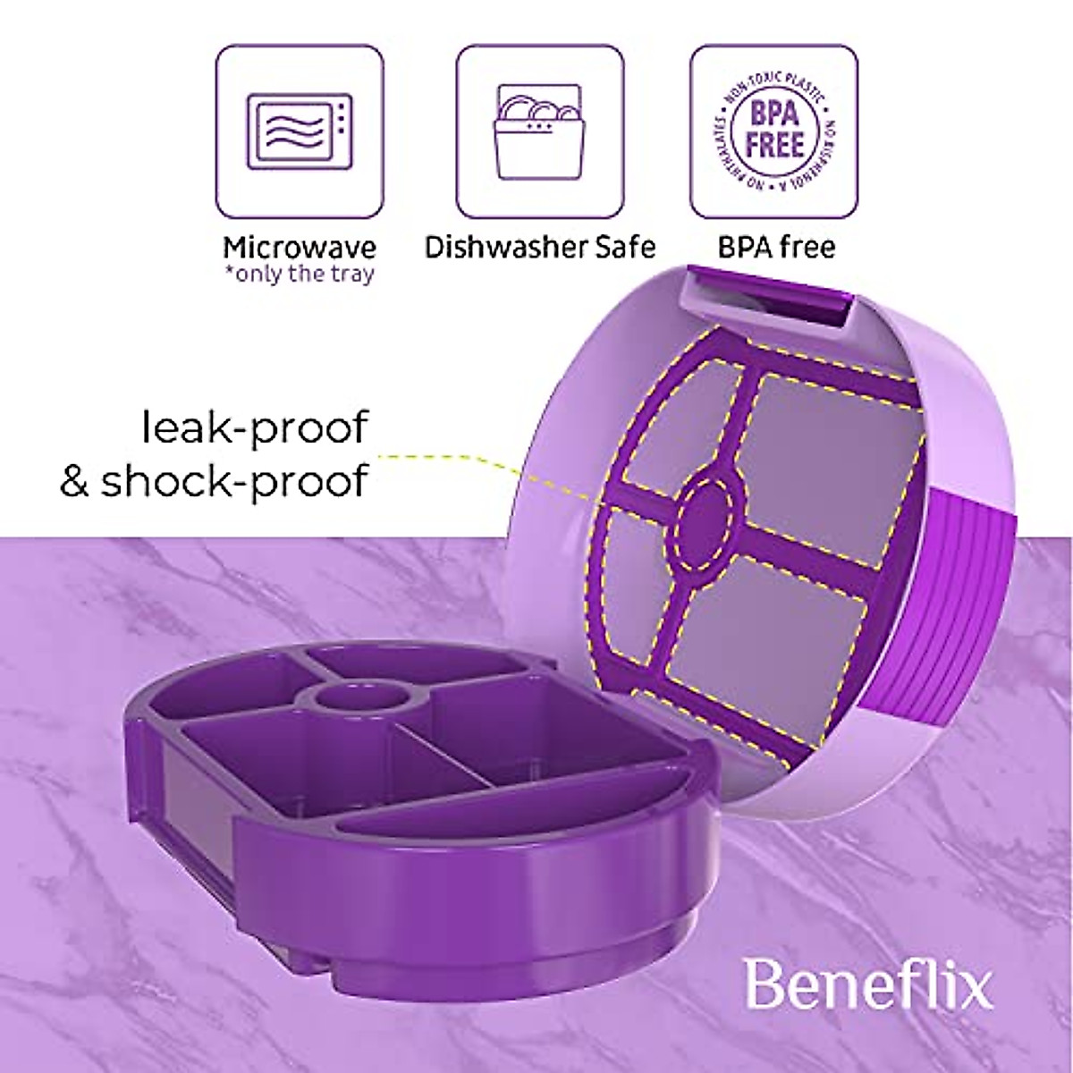 Beneflix Bento lunch box for kids Leak-Proof, 6-Compartment - Ideal Portion Sizes for Ages 3 to 7 - BPA-Free, Dishwasher Safe, Food-Safe Materials