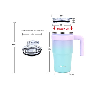 Zukro 20 oz Insulated Tumbler With Handle, Ceramic Interior Coating, No Metallic Aftertaste, Vacuum Stainless Steel Travel Coffee Cup with Lid and Straw, BPA Free, No Sweat, Floral Pink