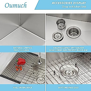 Oumuch 33 Inch Undermount Kitchen Sink Stainless Steel 33" Single Bowl Undermount Sinks 18 Gauge 33x19 In Single Basin Sink